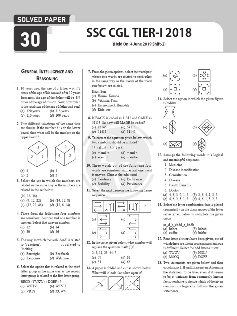 30 Yearwise SSC CGL Solved Paper (English) 2018 | PDF | Speed | Pie Chart