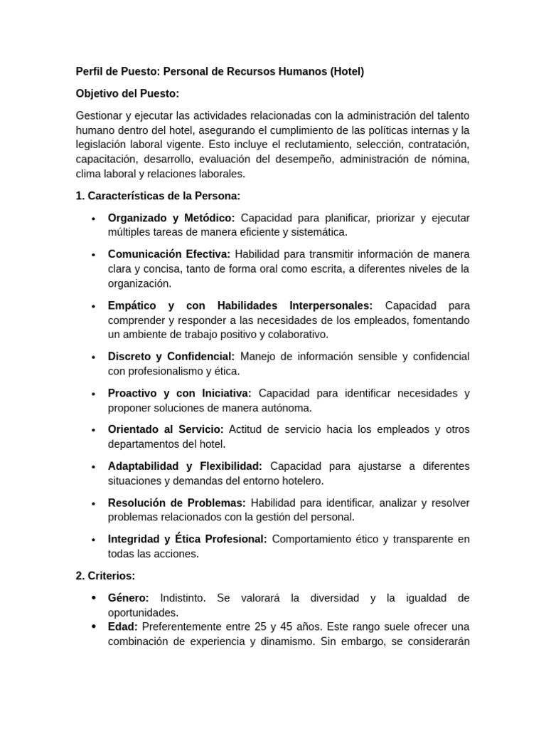 Perfil de Puesto Recursos Humanos | PDF | Gestión de recursos humanos | Reclutamiento