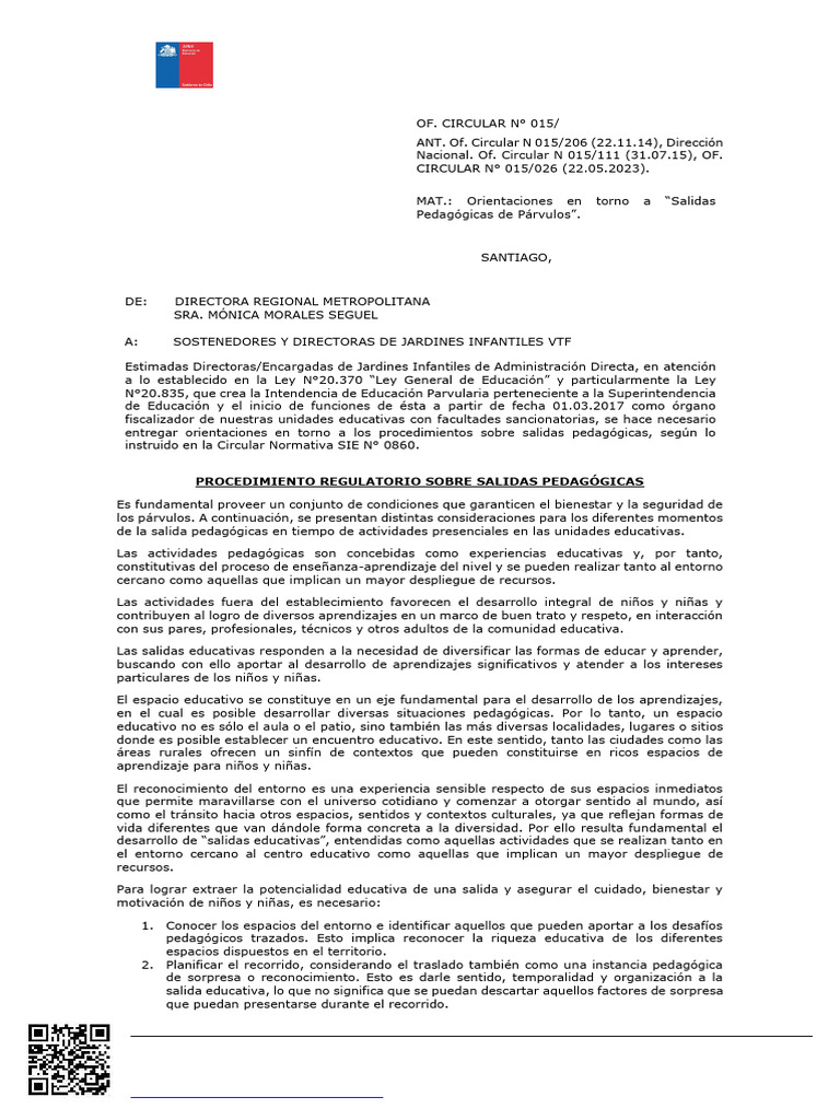 Of. Circular N°011 - 15 Marzo 2024 Salidas Pedag VTF | PDF | Educación de la primera infancia ...