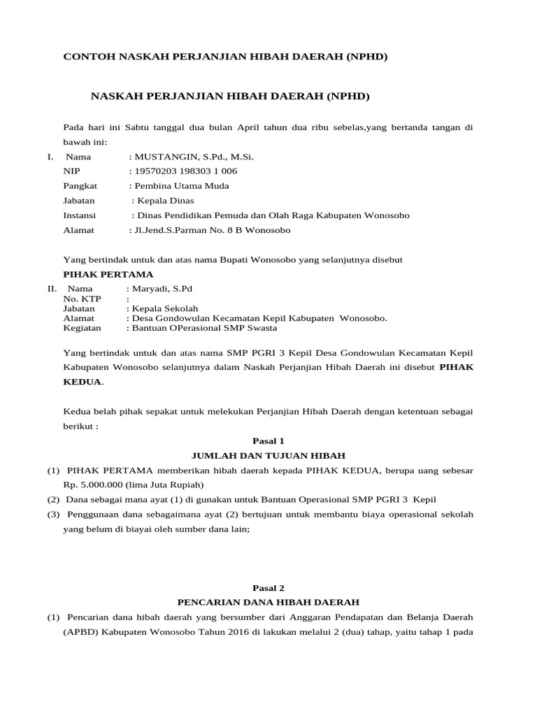 Contoh NPHD Hibah Daerah 2016 | PDF