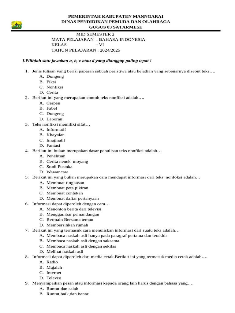 Soal Bindo Kelas 6 Mid Smster 2 2025 | PDF