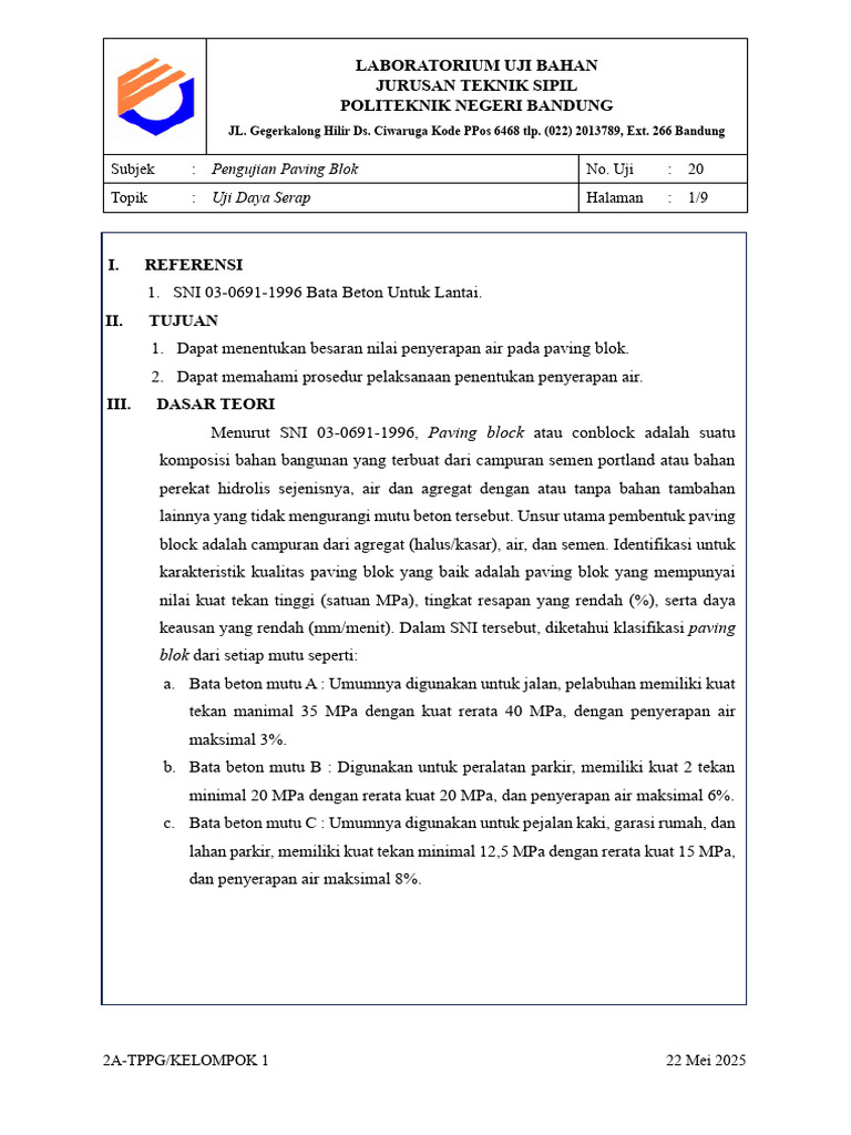 Uji Daya Serap Paving Blok | PDF