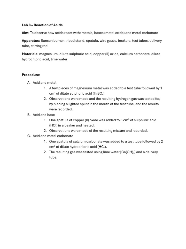 Acid Reactions with Metals and Bases | PDF