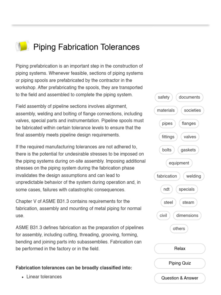 Tolerances For Pipe Fabrication | PDF | Pipe (Fluid Conveyance ...