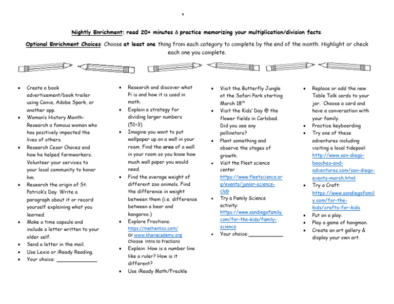 3rd Grade March Enrichment Calendar | PDF