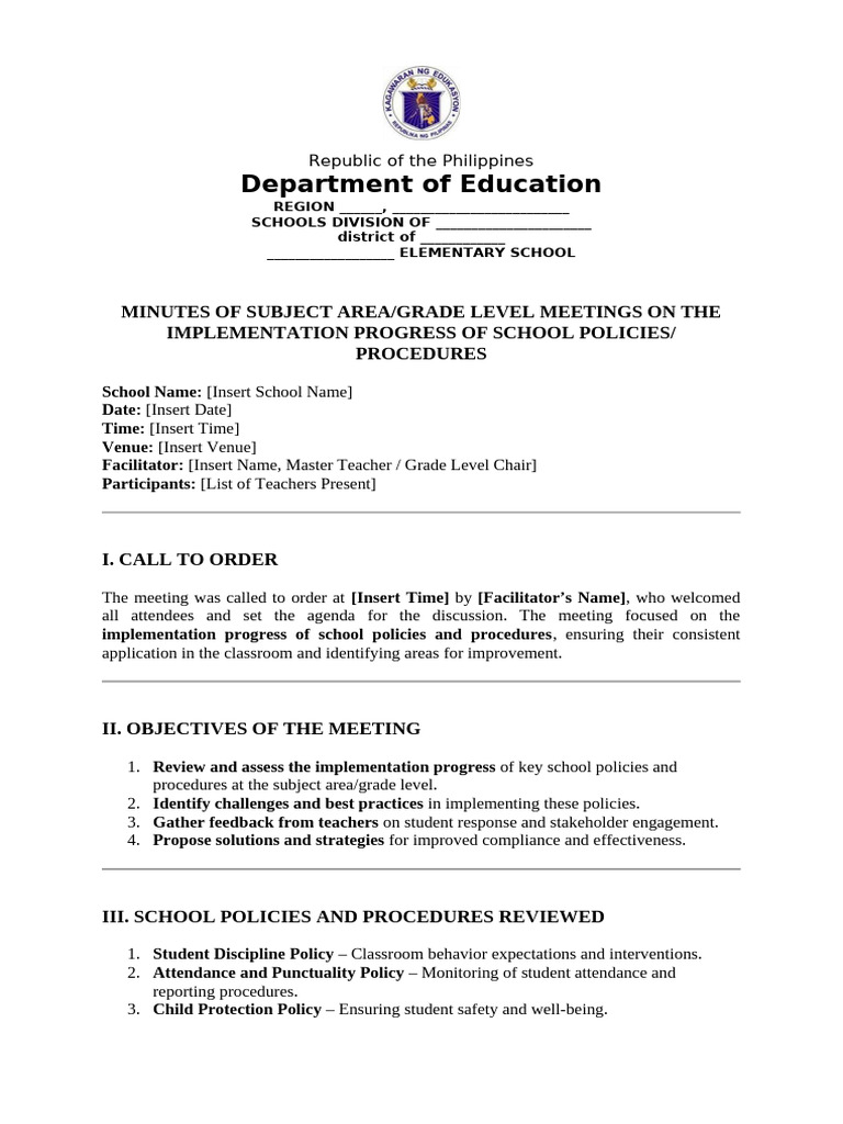 Minutes of Subject Area Grade Level Meetings On The Implementation ...