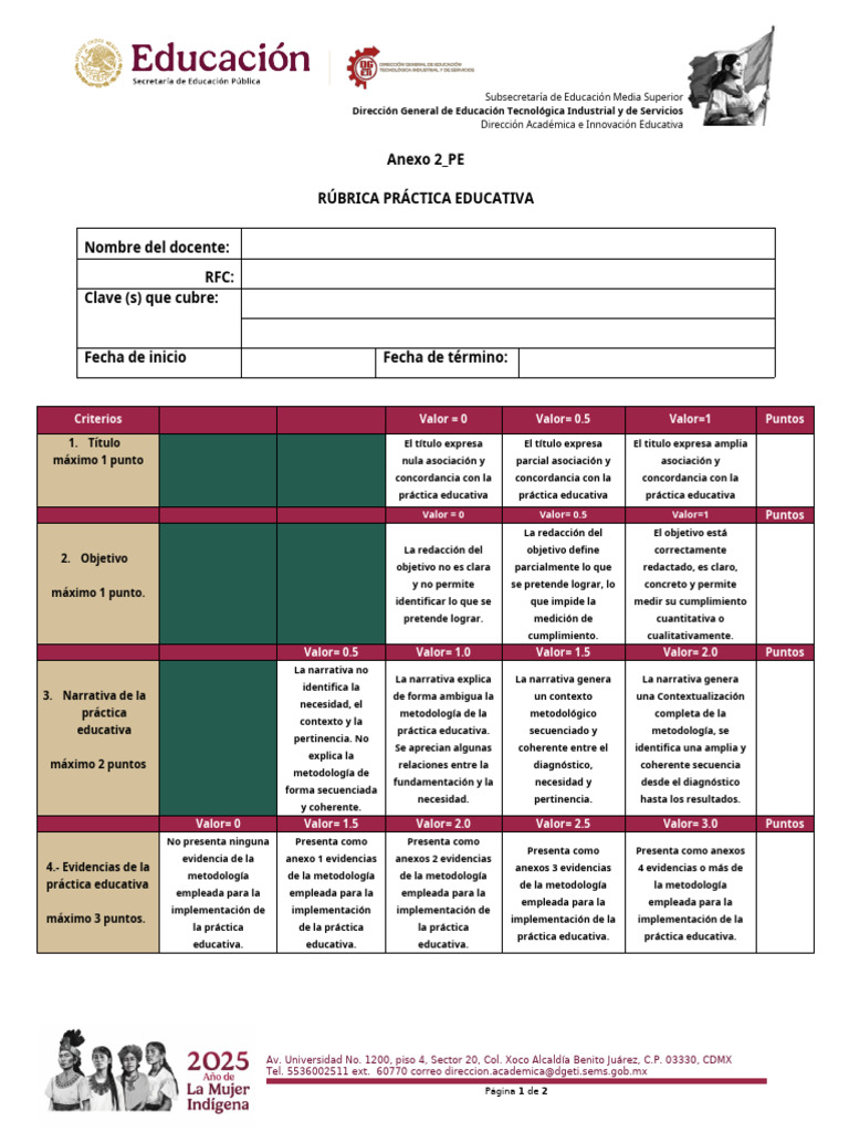 Rúbrica para Práctica Educativa 2025 | PDF