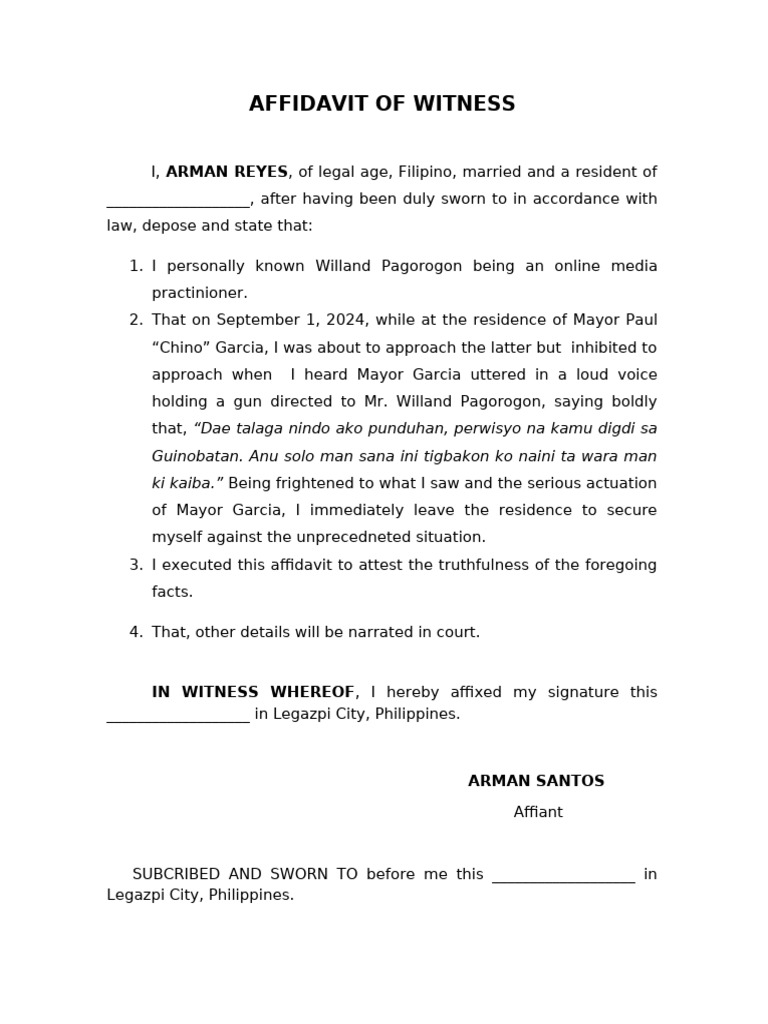 Affidavit of Witness ARMAN Reyes | PDF
