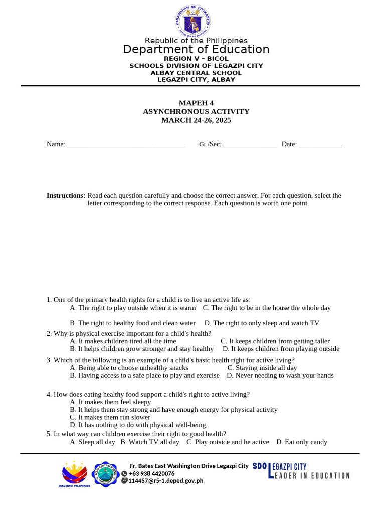 Asynchronous Activity March 27-28, 2025 Mapeh 4 | PDF | Physical Fitness | Dances