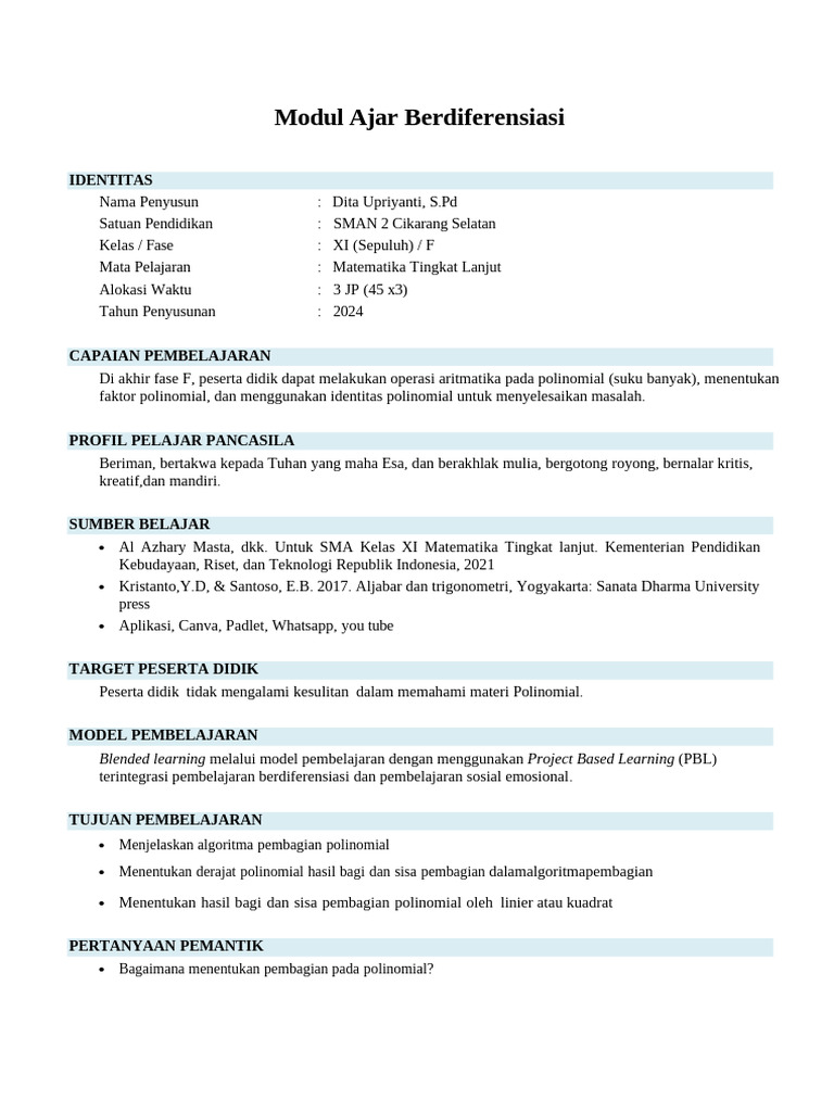 Modul Ajar Polonomial Fix | PDF