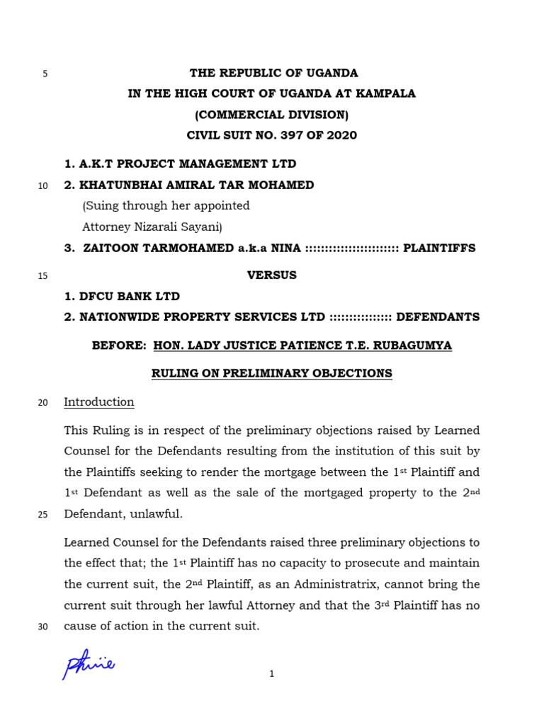 AKT Project Management LTD and Others V DFCU Bank LTD and Nationwide Property Services LTD 2025 ...