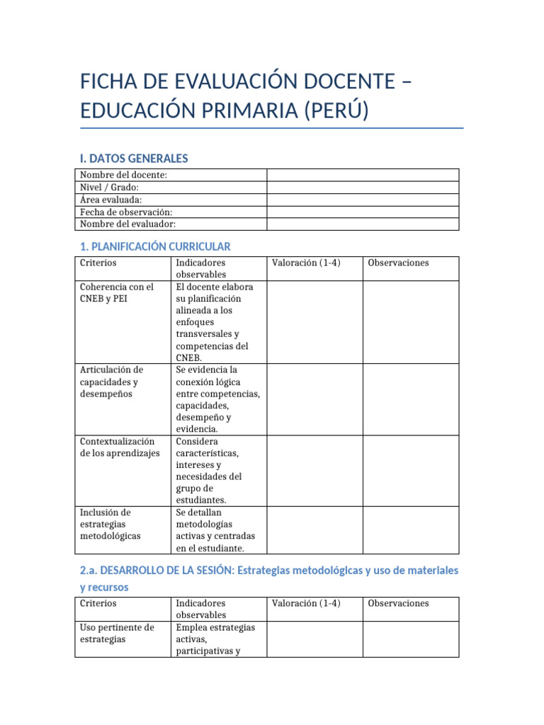 Ficha de Evaluación Docente Primaria | PDF | Evaluación | Maestros