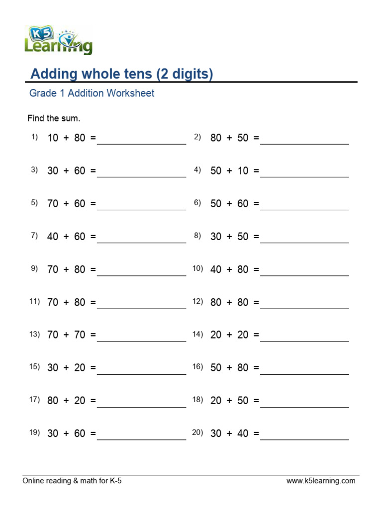 Worksheetsmathgrade 1 Adding Whole Tens 2 Digits F PDF | PDF