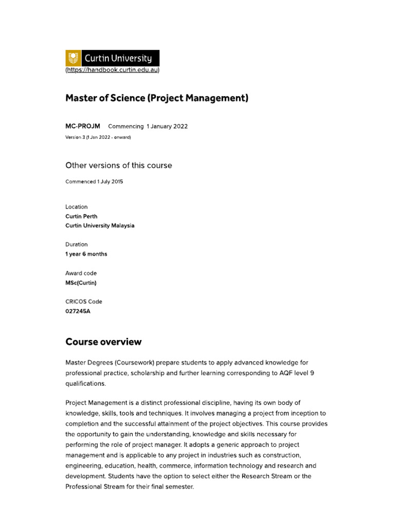 Curtin - Project Management Handbook | PDF