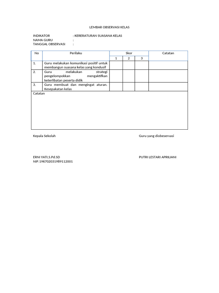Lembar Observasi Kelas - Doc (Kepsek Ke Guru) | PDF