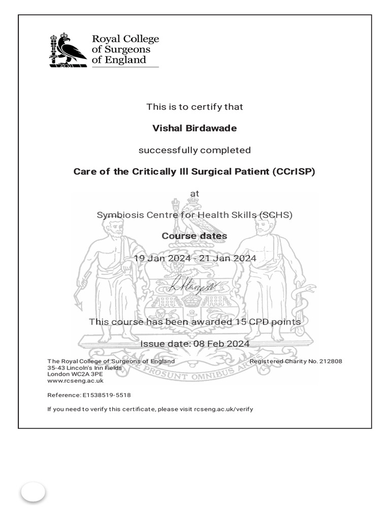 Course Participant Certificate - Royal College of Surgeons | PDF