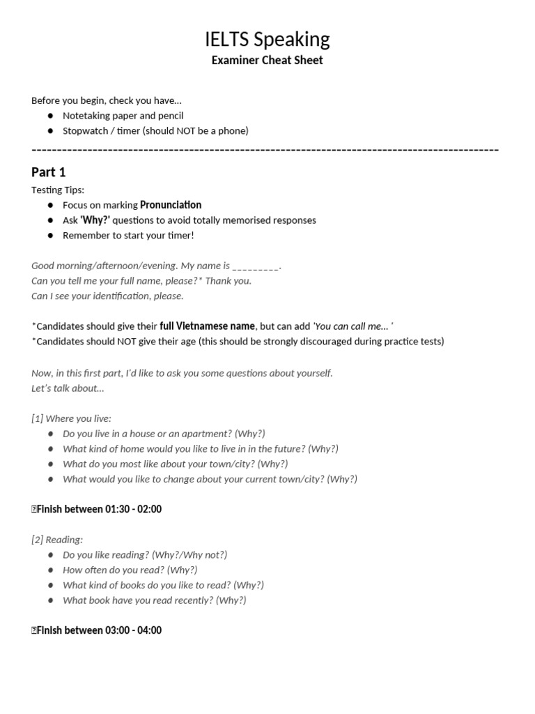 Examiner Cheat Sheet - IELTS Speaking | PDF | Learning | Linguistics