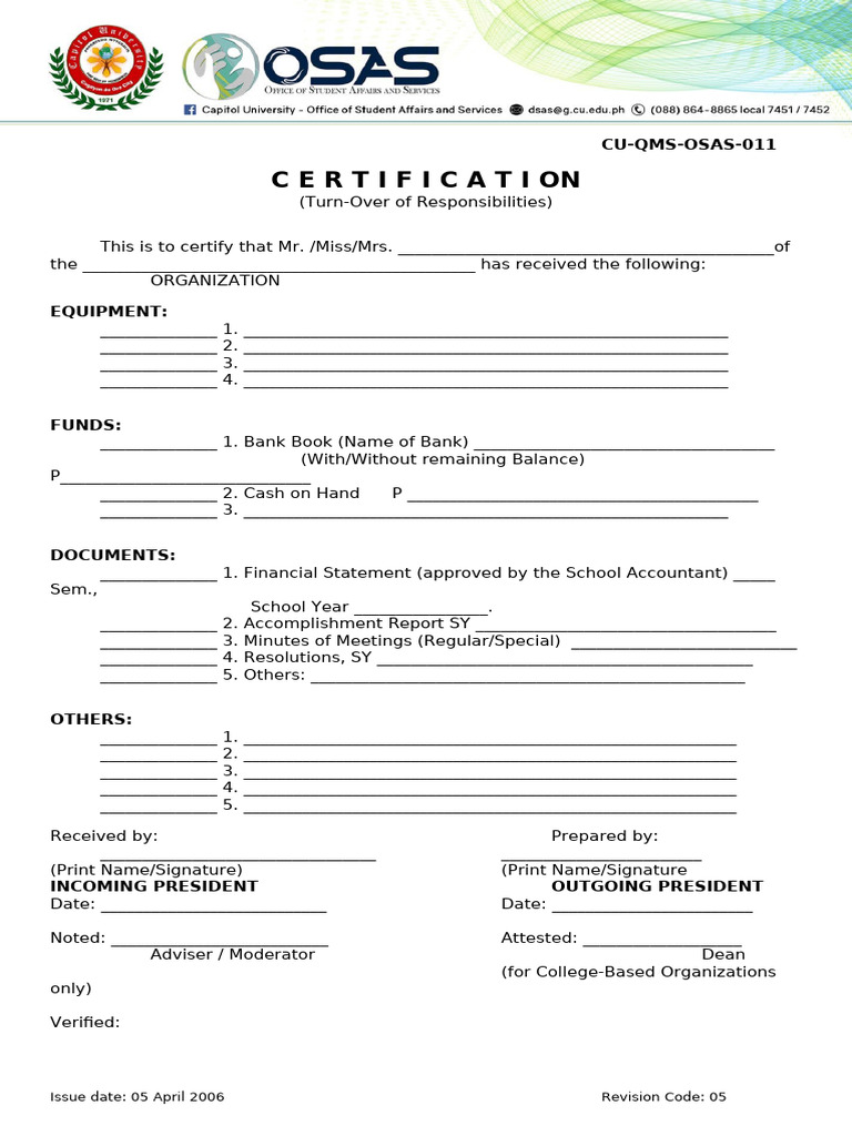 Cu Qms Osas 011 Turnover Form | PDF | Financial Services
