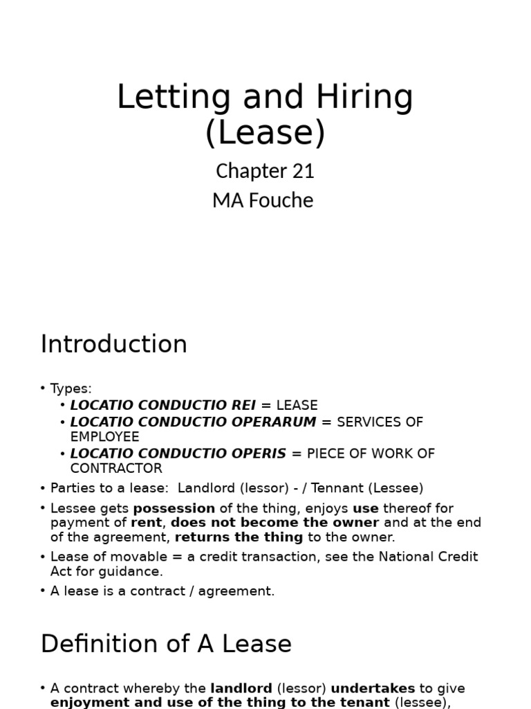 UNIT 10 Contract of Letting and Hiring | PDF | Lease | Leasehold Estate