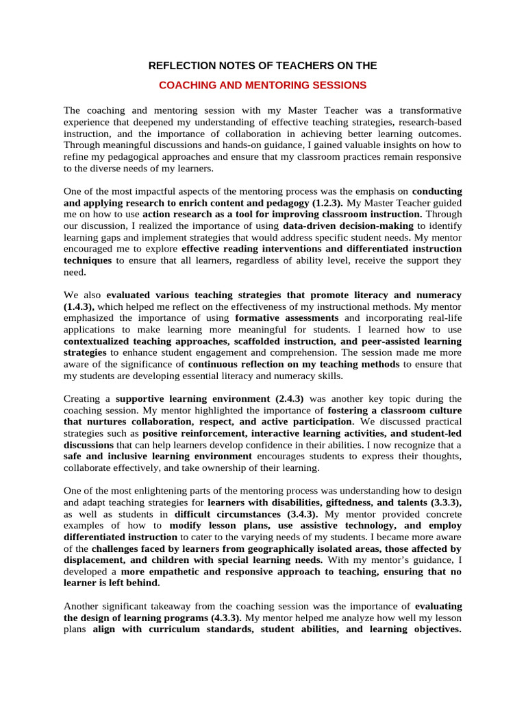 Reflection Notes of Teachers - Coaching & Mentoring | PDF | Mentorship ...