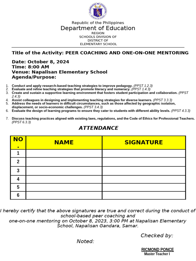 Proof of Attendance in Coaching and Mentoring Sessions | PDF