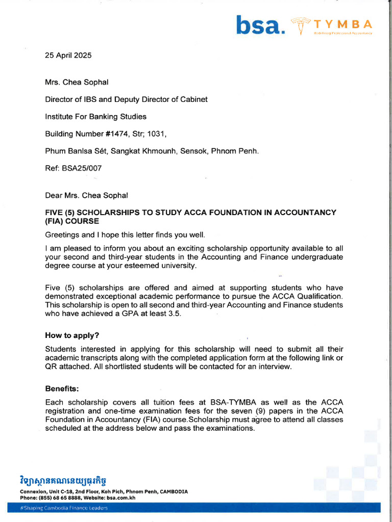 Scholarships Offer Letter To Ibs | PDF