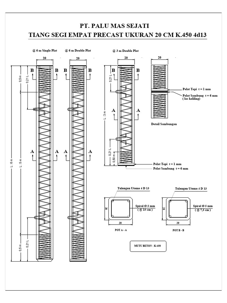 Shop Drawing Tiang Precast 20 CM K.450 4D13 | PDF