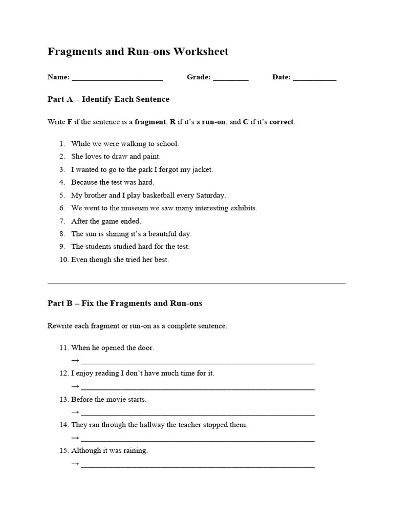Fragments and Run-ons Worksheet with Answers | PDF