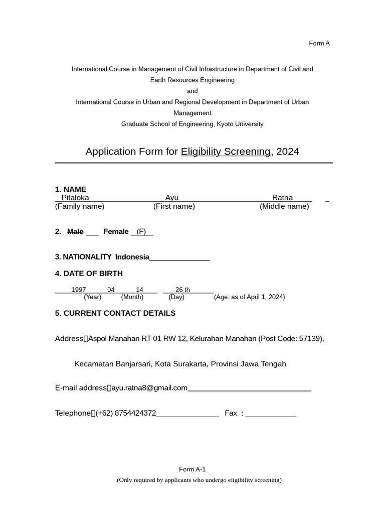 Form A (Eligibility Screening) 2024 | PDF
