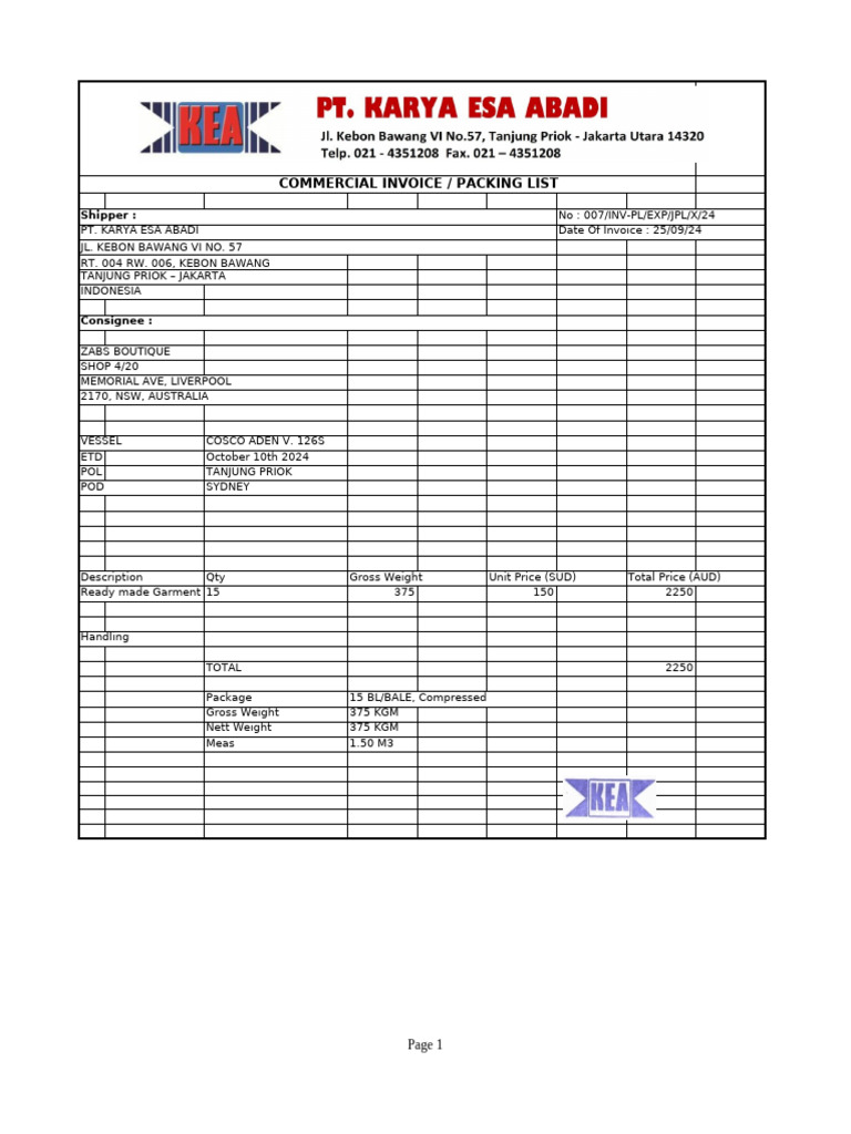 Packing List, Invoice Zab Sept 2024 | PDF