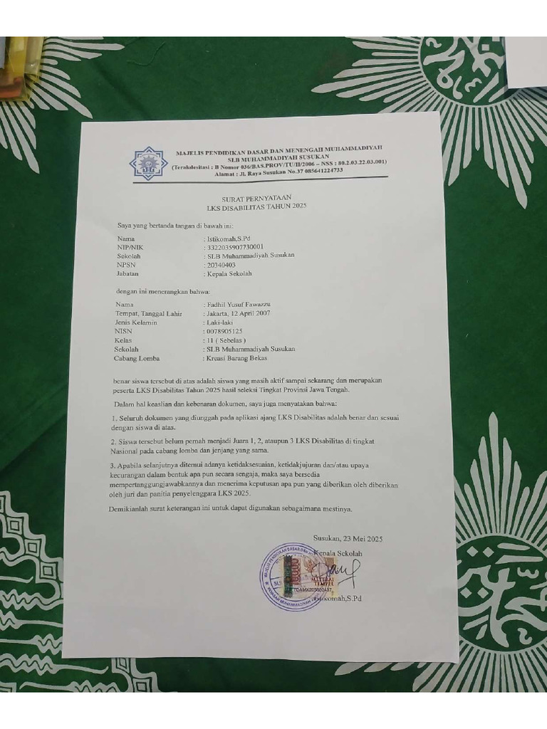 Surat Pernyataan Fadhil | PDF