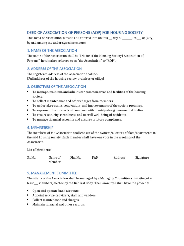 AOP Housing Society Deed | PDF | Deed | Audit