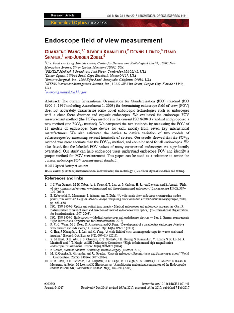 Endoscope FOV Measurement Methods | PDF | Field Of View | Zoom Lens