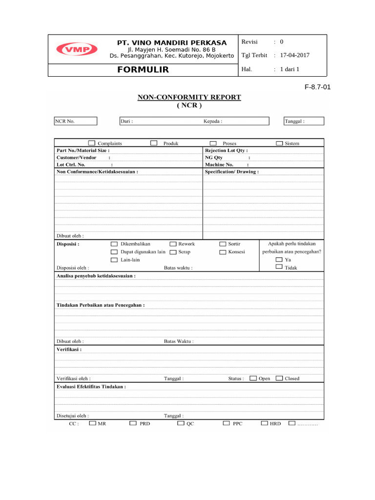 Formulir: Pt. Vino Mandiri Perkasa | PDF