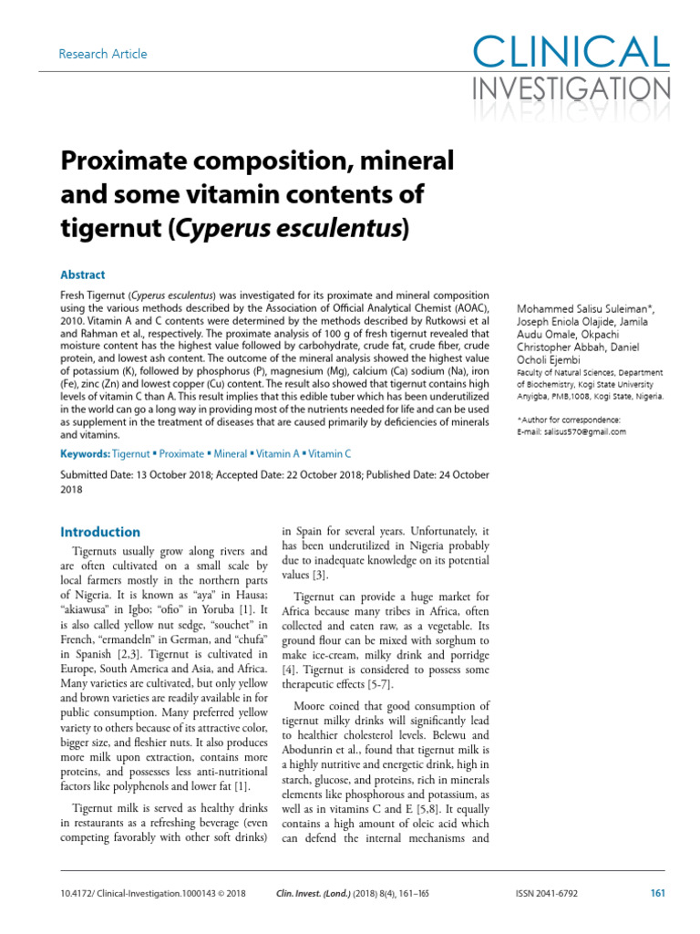 Proximate Composition Mineral and Some Vitamin Contents of Tigernut Cyperus Esculentus | PDF ...