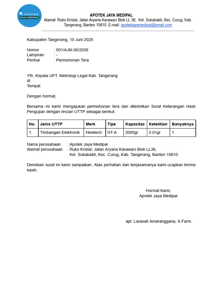 Surat Permohonan Tera Timbangan | PDF