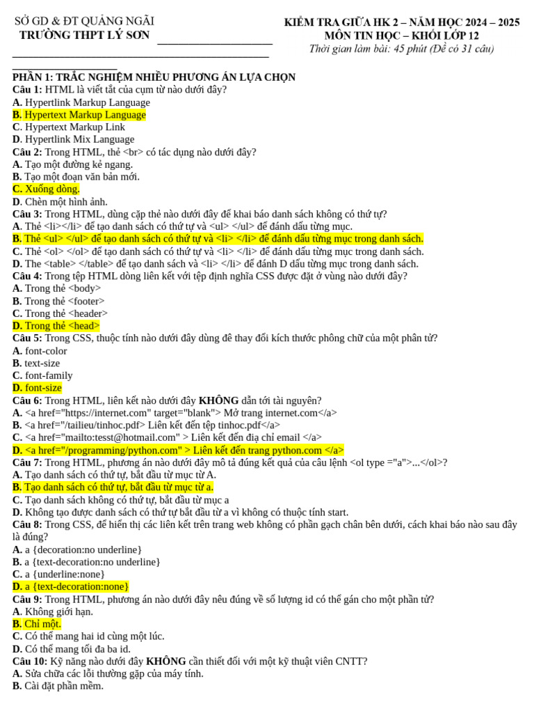 Đề Thi Ghk II Môn Tin Học | PDF