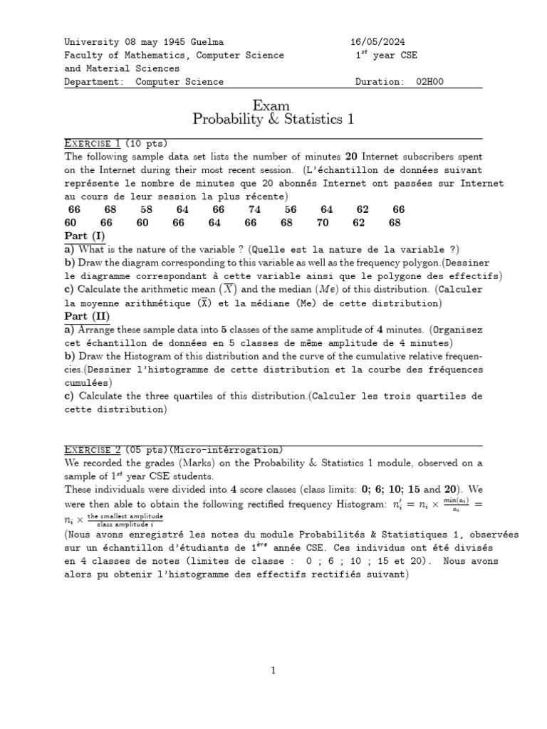 Examen Correction Probability Statistics 1 2024 | PDF | Histogram ...