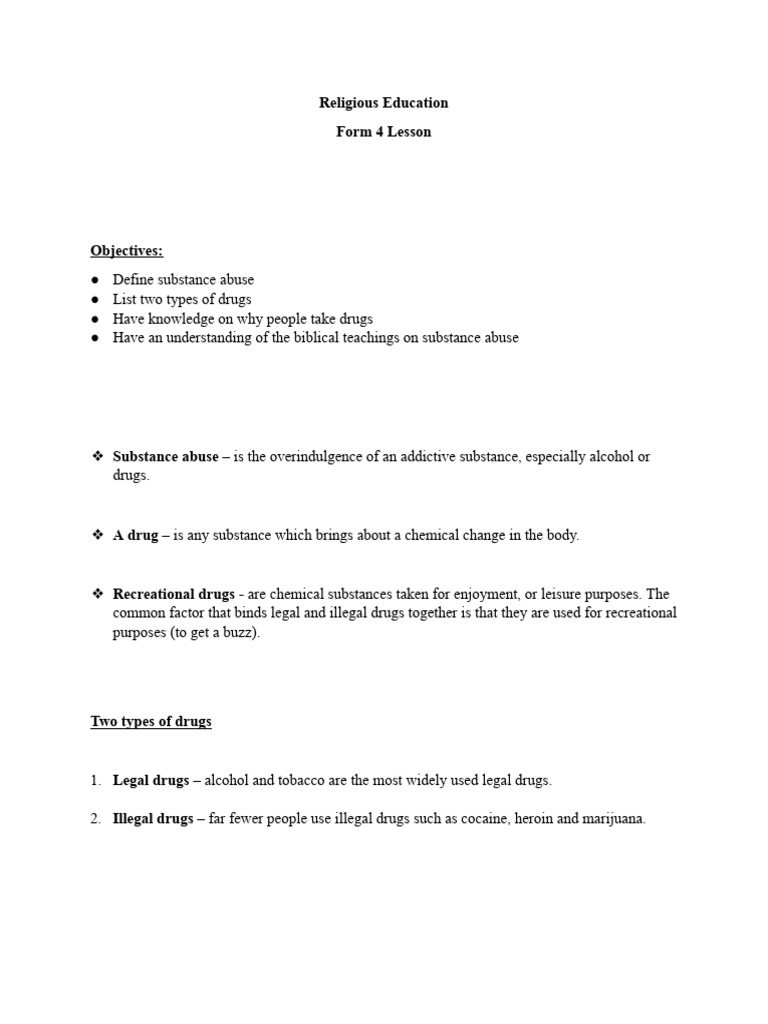 Form 3 Lesson Notes (Substance Abuse) | PDF | Substance Abuse | Drugs