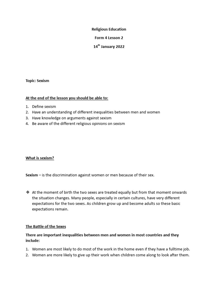 Form 3 Lesson Notes (Sexism) | PDF | Sexism | Woman
