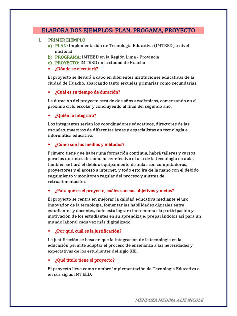 Ejemplos de Plan, Programa, Proyecto - Mendoza Medina | PDF | Inclusión ...