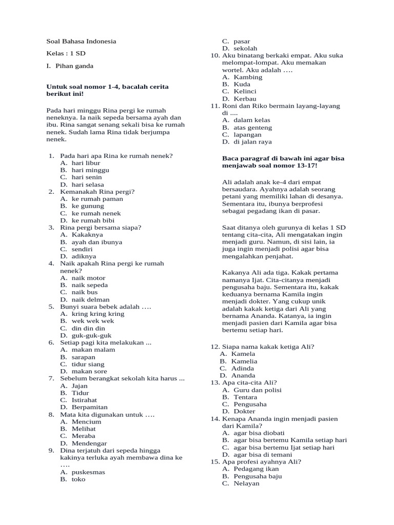 Soal Bahasa Indonesia Kls 1 2025 | PDF