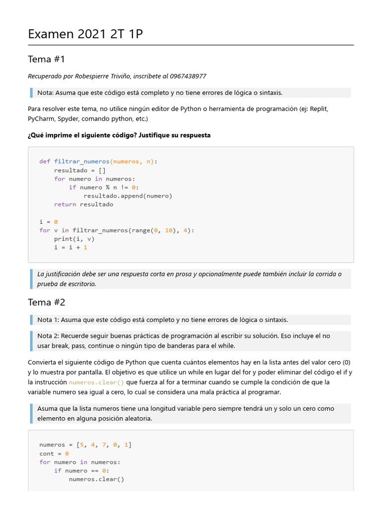 Examen 2021 2T 1P: Tema #1 | PDF | Python (lenguaje de programación) | Ciencias de la Computación