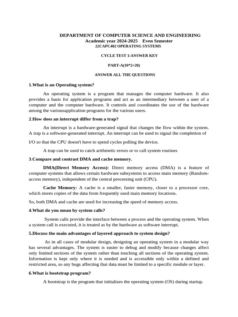 Operating Systems Cycle Test 1 Answer Key | PDF | Kernel (Operating ...