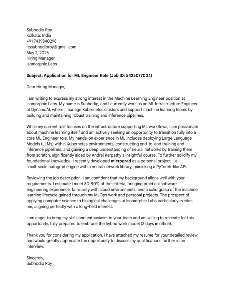 Cover Letter - ML Engineer - Isomorphic Labs | PDF