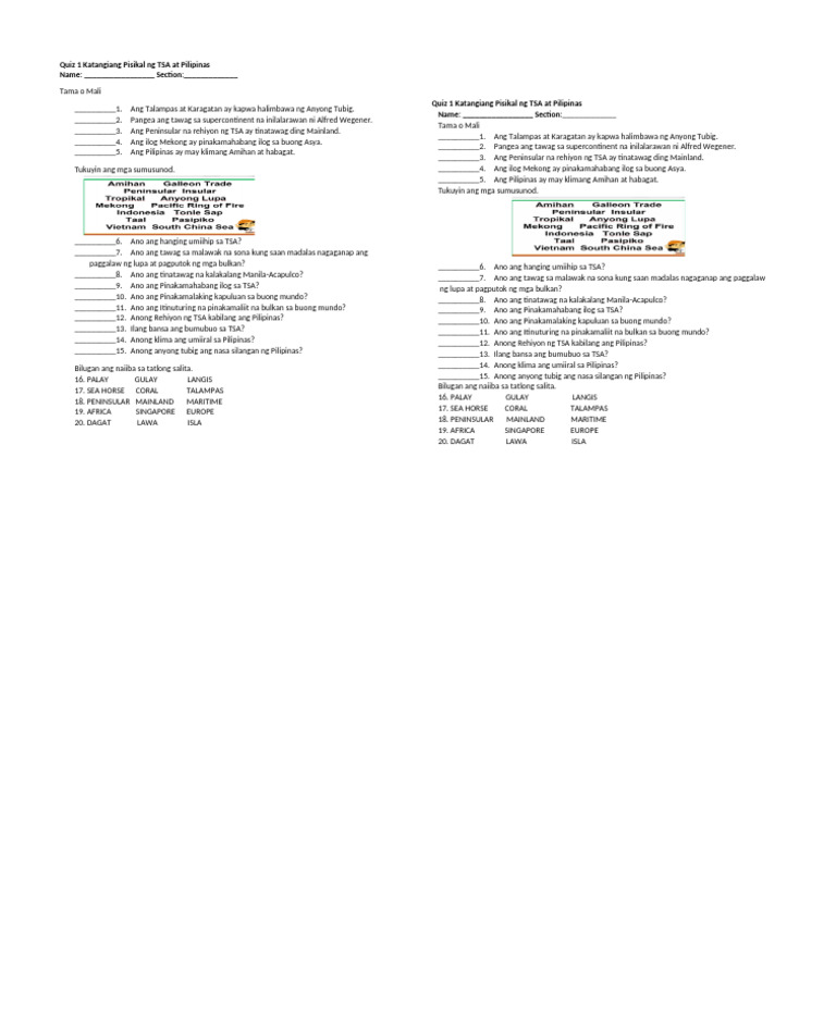Quiz 1 Katangiang Pisikal NG TSA at Pilipinas | PDF