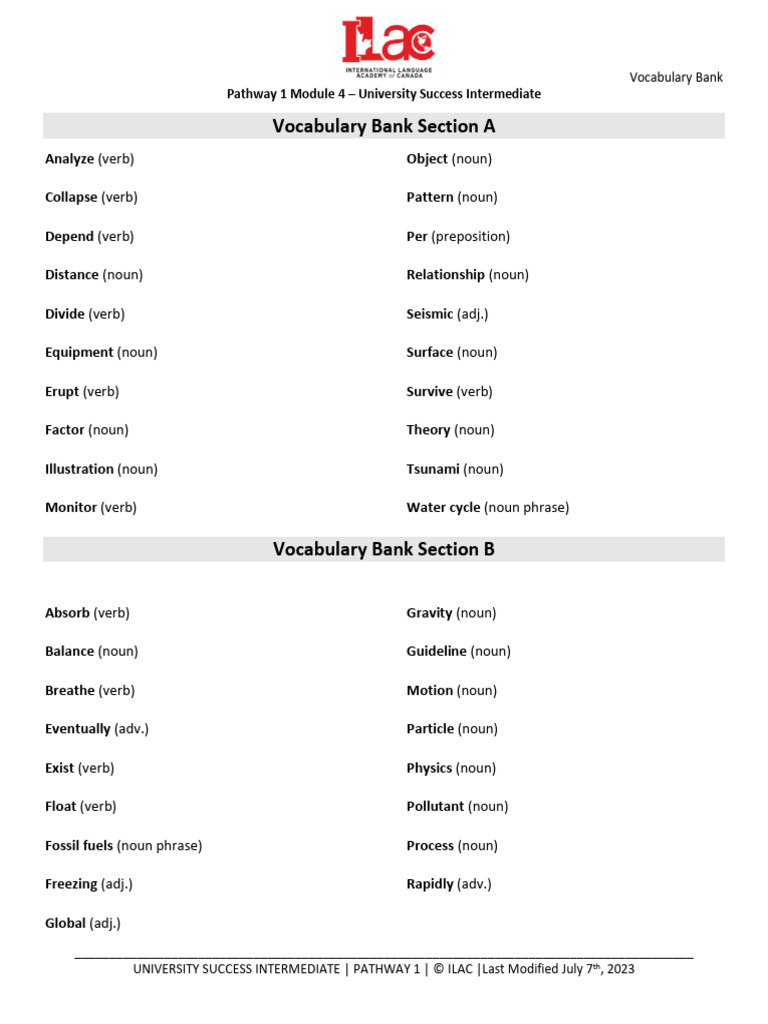 Pathway 1 Module 4 Vocabulary Bank | PDF