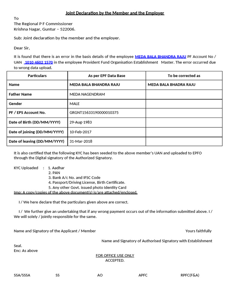 VL Joint Declaration by The Member and The Employer | PDF | Identity ...