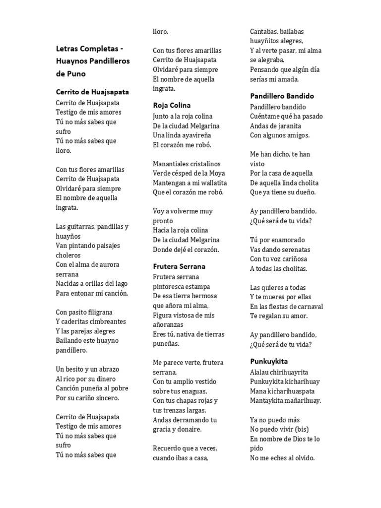 Letras de Huaynos Pandilleros de Puno | PDF | Amor | Las artes escénicas