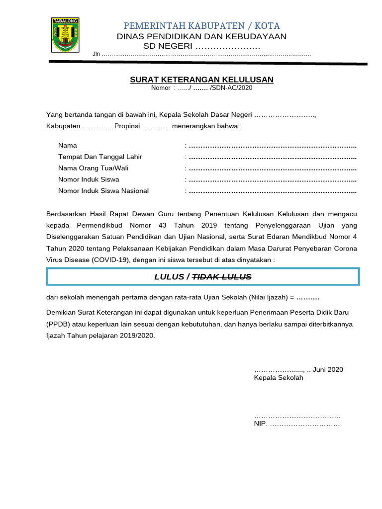 Surat Keterangan Kelulusan Siswa SD | PDF